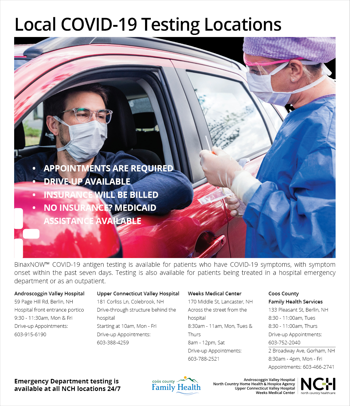 Updated COVID-19 Testing Hours - Upper Connecticut Valley Hospital